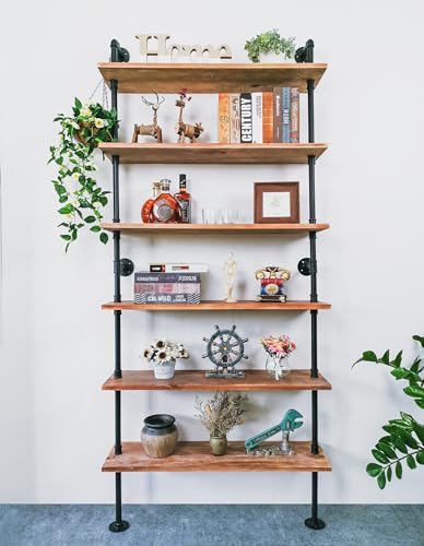 Anynice 6 Tier Industrial Ladder Pipe Shelf Bookcase, Rustic Wall Mounted Pipe Bookshelves for Decor and Storage