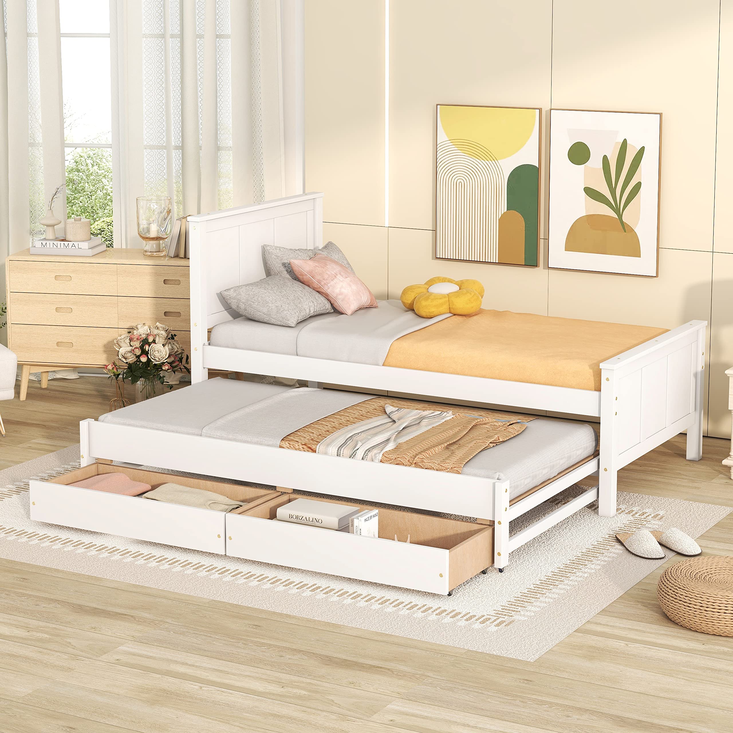 CITYLIGHT Twin Bed with Trundle and Storage, Wood Twin Size Platform Bed Frame with Trundle and Drawers, Space-Saving Twin Size Bed for Kids, Boys, Girls (Twin,White)