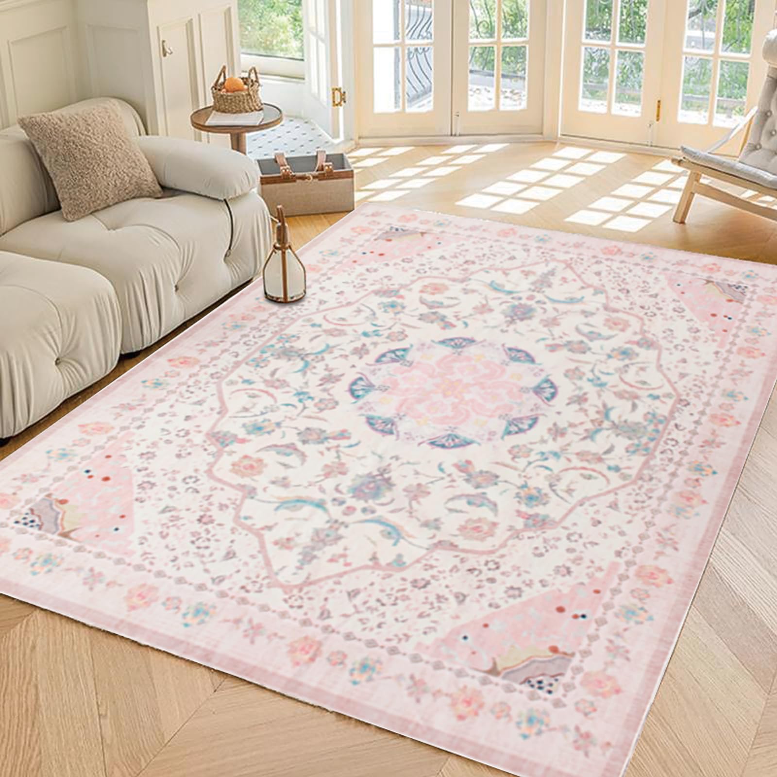 auruge Area Rug - Vintage 8x10 Non-Slip Backing Area Rugs Light Pink Soft Faux Wool Carpet Foldable & Machine Washable Rugs for Living Room Bedroom Dining Room Nursery Home Office
