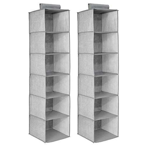 mDesign Long Soft Fabric Over Closet Rod Hanging Storage Organizer with 6 Shelves for Clothes, Leggings, Lingerie, T Shirts - Textured Print with Solid Trim - 2 Pack - Gray