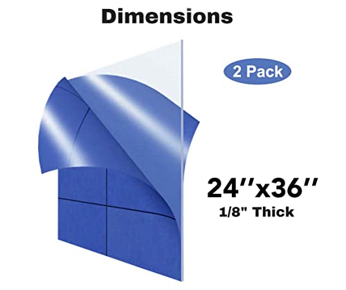Clear Acrylic Plexiglass Sheet 1/8" Thick Cast Acrylic Sheet 24" x 36" Pack 2, 3mm Transparent Acrylic Board - 24x36 Plexi Glass Perspex Panel for Display Painting Shelf DIY Wedding Signs Cut to Size