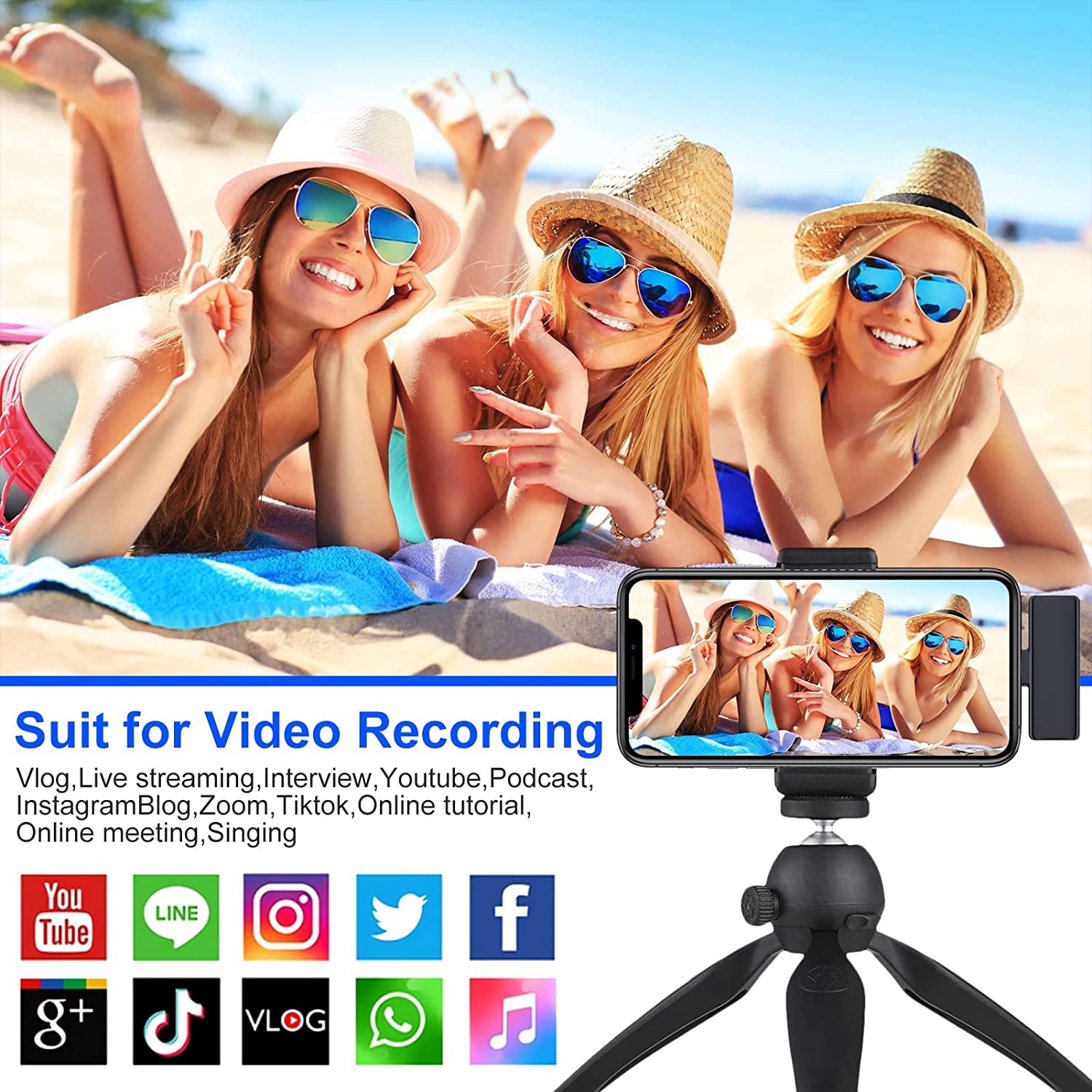 Apzeda Mini Wireless Lavalier Microphone Portable Wireless Mic for iPhone, ipad, Cordless Omnidirectional Condenser Recording Mic for Interview Video Podcast Vlog YouTube TIKTOK