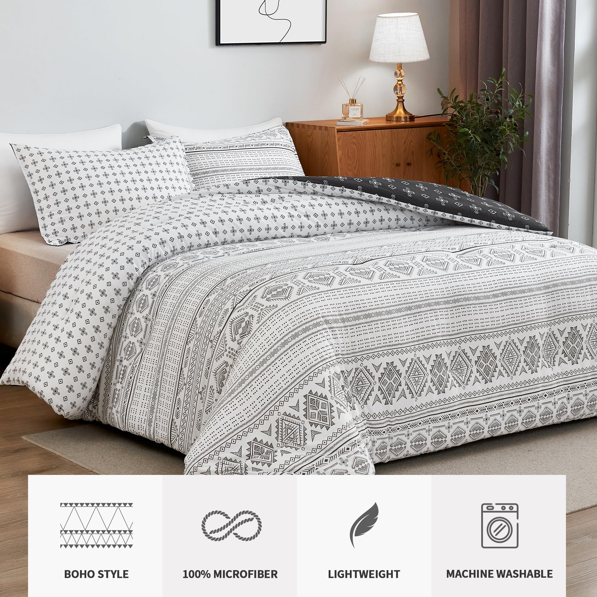 Andency Black White King Size Comforter Set, 3 Pieces Bedding Comforter Sets (1 Geometric Striped Comforter & 2 Pillowcases), Bohemian Summer Lightweight Microfiber Down Alternative Bed Set