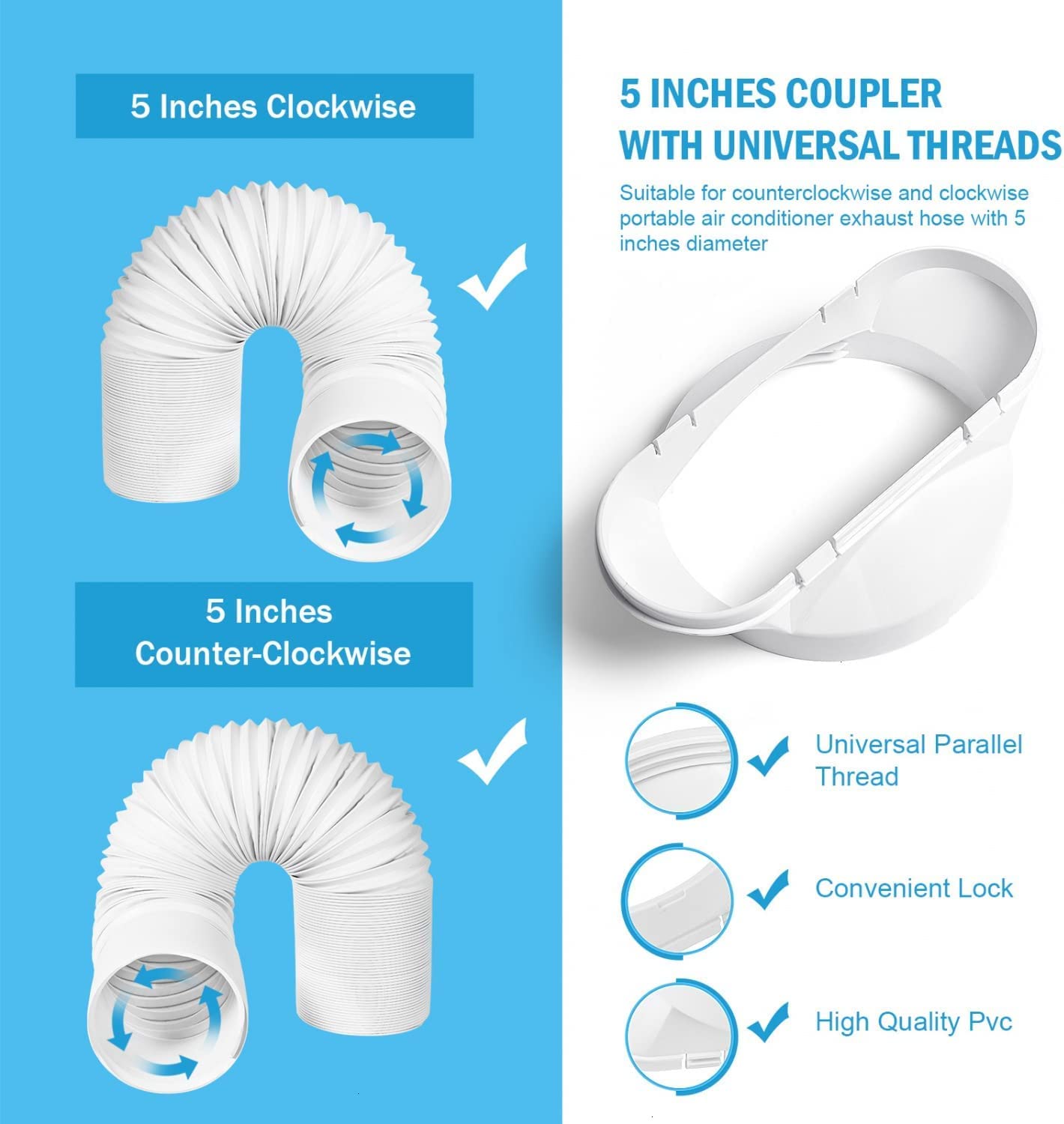 LHHweiusa Portable AC Coupler Portable A/C AC 5.1inch Air Conditioner Exhaust Hose Coupler/Coupling/Connector, Support Clockwise/Counter-Clockwise Thread, AC Hose Coupler Coupling Extension