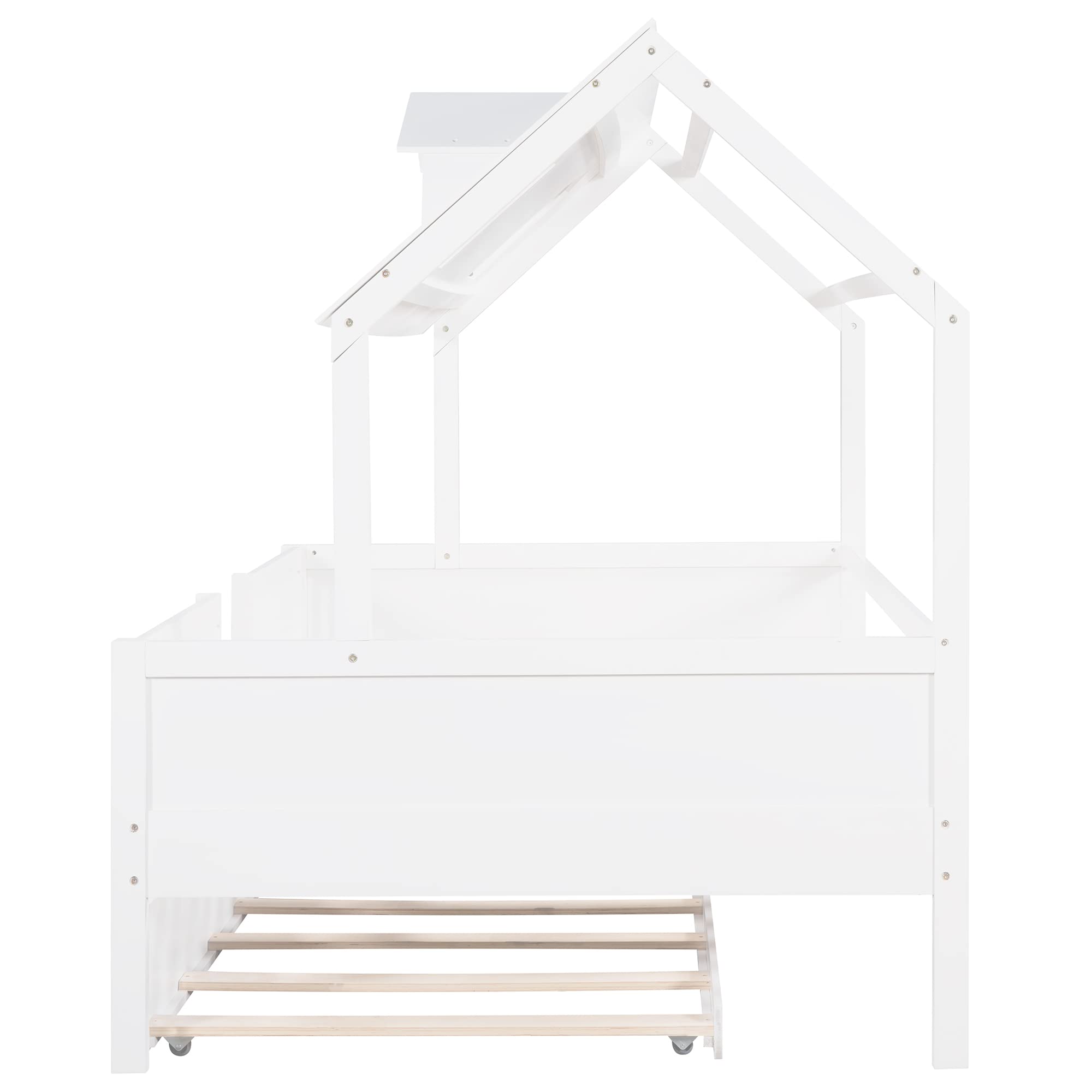 MERITLINE Full House Bed with Trundle, Wooden Platform Bed Frame with Roof, for Kids Teens Girls Boys - White