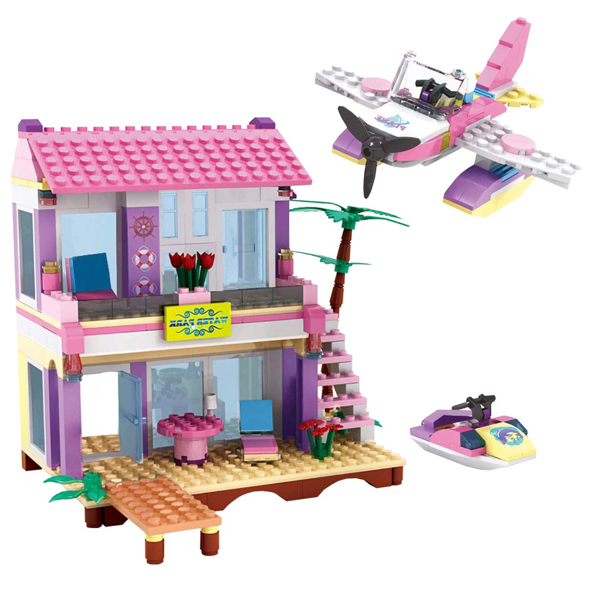 DEFICOSY Dream Girls Beach House Building Blocks Toys, Building Set Big Beach Villa with Seaplane, Water Scooter and Jet Ski, Fun Preschool Educational Toys for Boys and Girls 6-12 Years Old 423Pcs