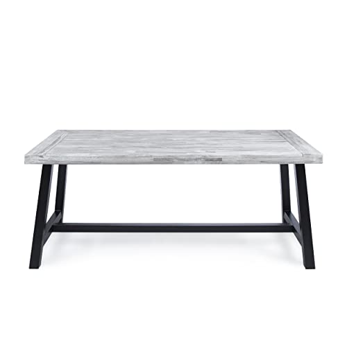 Christopher Knight Home Louise Outdoor Wicker Dining Set with Acacia Wood Table and Bench and Water Resistant Cushions, 6-Pcs Set, Sandblast Light Grey / Black Rustic Metal / Grey / Grey Cushions
