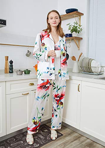 Escalier Womens 5pcs Silk Satin Pajama Set Floral Cami Pjs Sleepwear Button Down Pj Sets Loungewear White