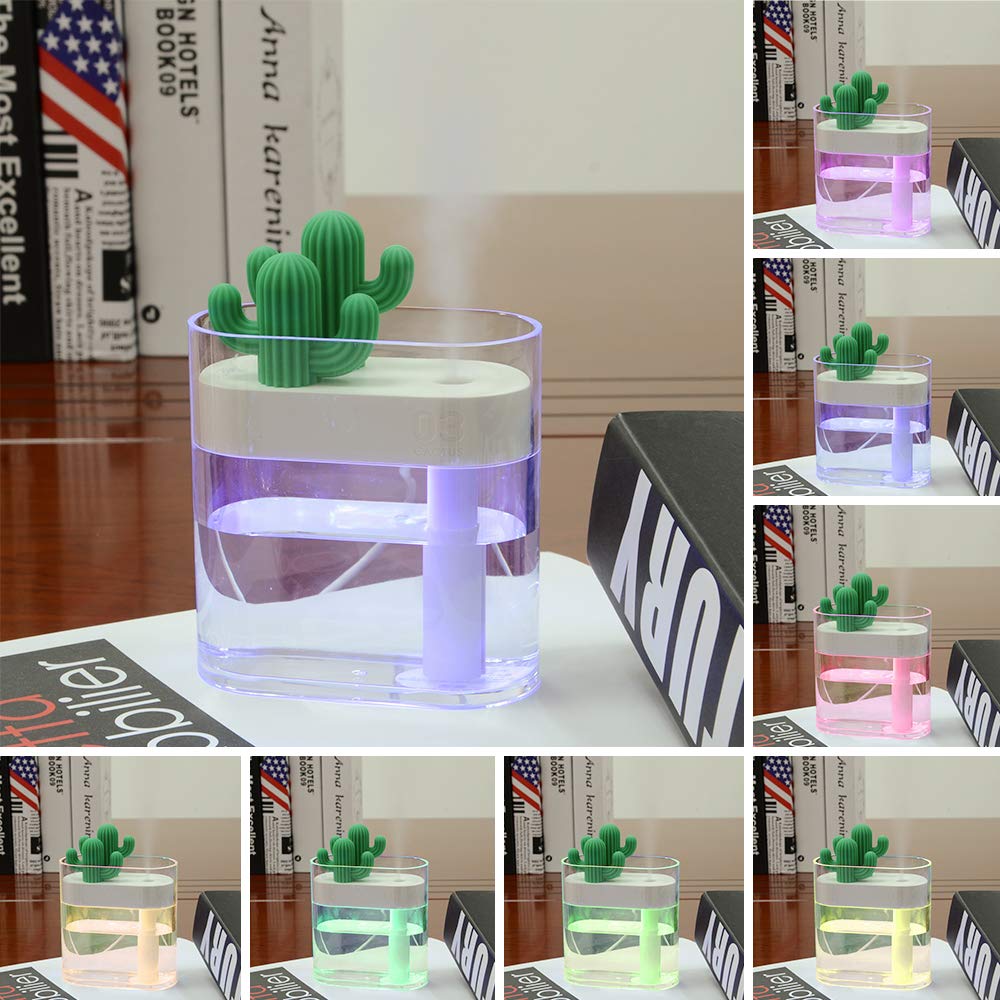 Alicacho USB Mini Cool Mist Humidifier with Night Light, Cactus Humidifier 160ml Water Tank for Single Room Office Car with Timed auto Shutdown (Transparent Cactus)