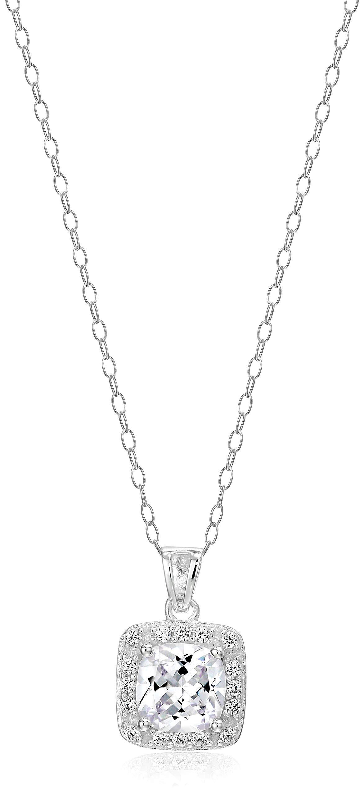 Amazon Essentials Sterling Silver Cubic Zirconia Princess Halo Pendant Necklace
