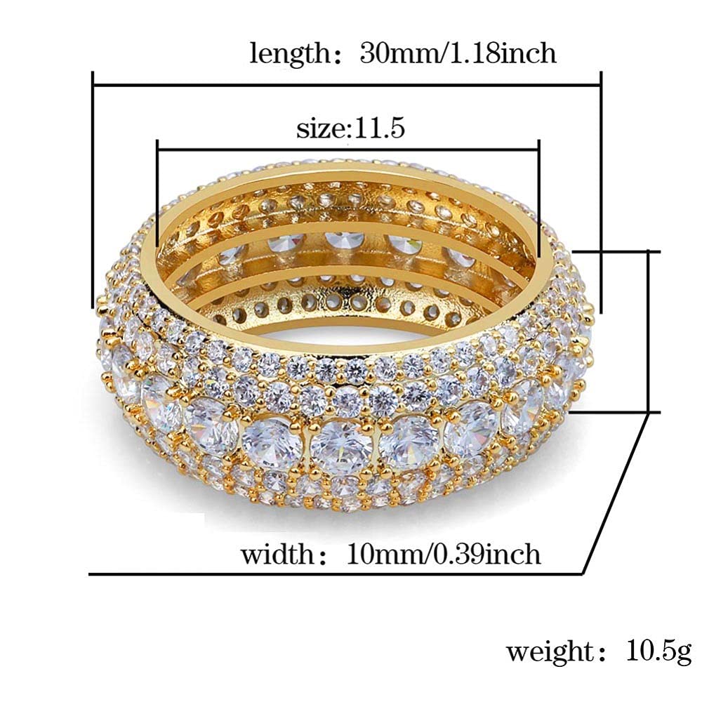 Apzzic 10mm Iced Out Gold Plated 5 Row Cubic Zirconia Diamond Hip Hop Eternity Band Engagement Ring for Men Women Gold Size 9
