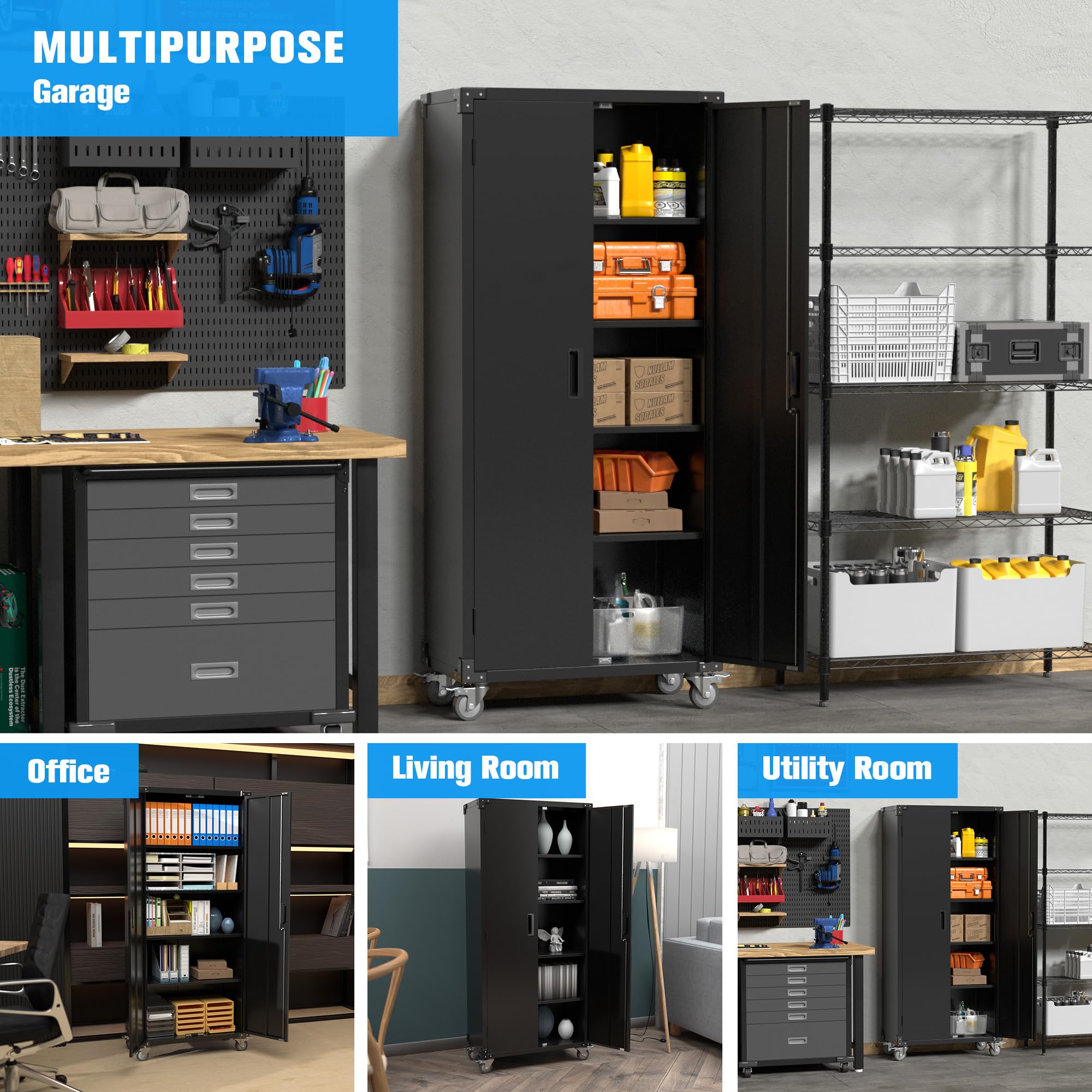 Aobabo 72 Inches Metal Garage Storage Cabinet with Wheels, Locking Metal Storage Cabinet with 4Shelves, Rolling Tool Storage Cabinet on Wheels, Assembly Required,Black