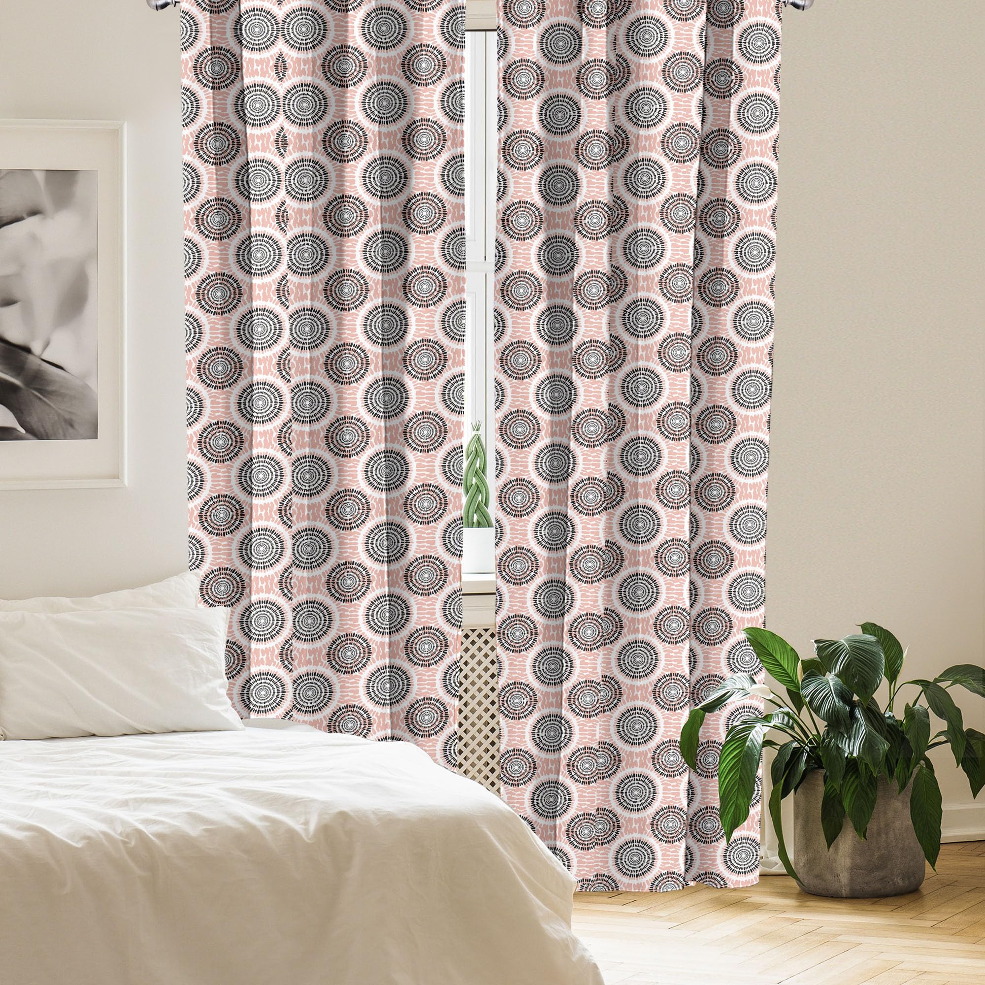 Ambesonne Peach Curtains, Symmetrical Circular Shapes Pattern Abstract Background Soft Color Image Print, Window Treatments 2 Panel Set for Living Room Bedroom, Pair of - 28" x 63", White Black