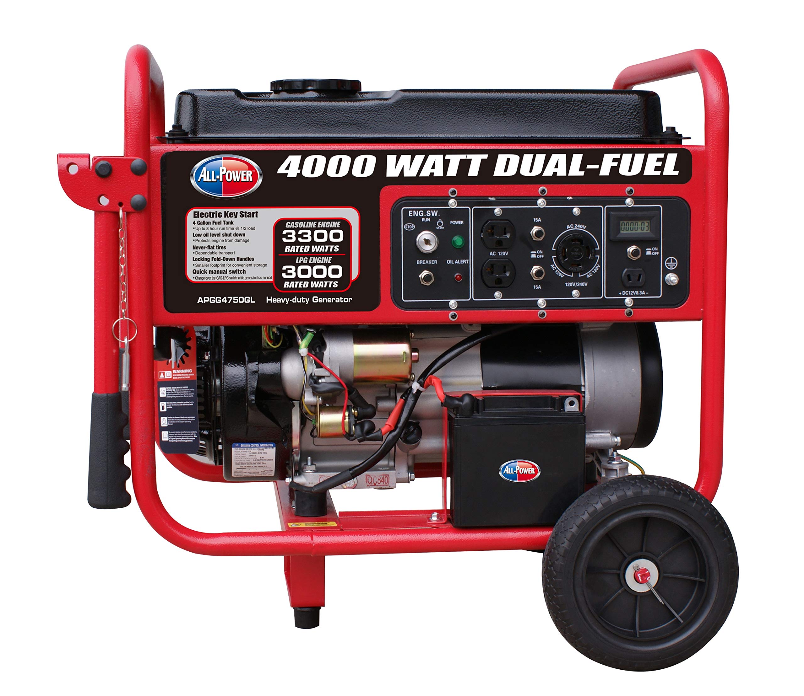 All Power America 4000 Watt Portable Dual Fuel Generator - Electric Start - Gas/Propane(LPG), Black/Red