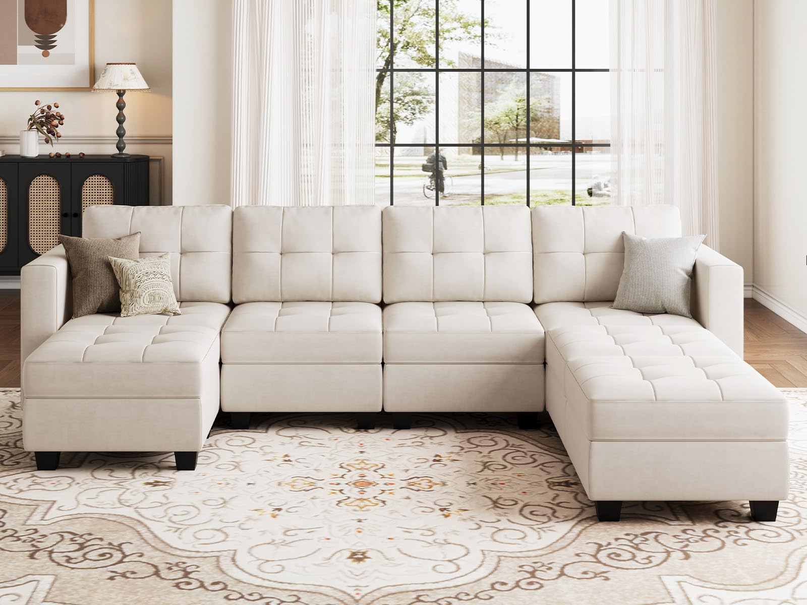 Belffin Modern U-Shaped Modular Sectional Sofa with Storage Seats, 7 Seats Sleeper Couch with Reversible Chaise, Velvet Modular Oversized Sectional with Ottomans, Beige