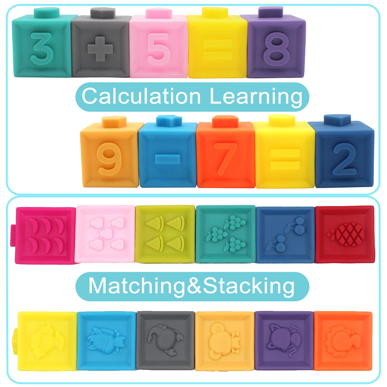 KIDPAPA Baby Blocks,16 PCS Baby Soft Building Blocks, Stacking Blocks with Shark Animals and Number, Educational Montessori Toys for Babies 6 to 12 Months and Up