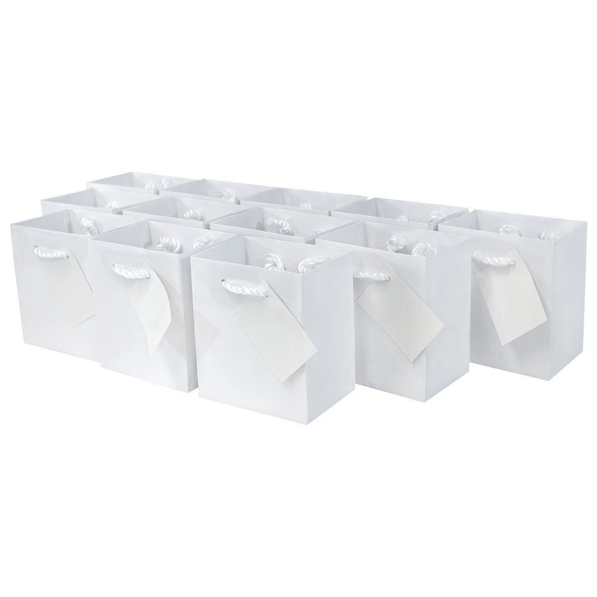 Mini Gift Bags - 12 Pack Extra Small White Gift Bags with Handles & Tags, Designer Gloss Euro Totes for Wedding & Baby Shower Favor & Goodie Bags, Birthday Party, Gift Card Bags, Bulk - 4x2.75x4.5
