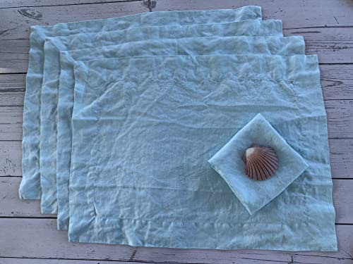 Eight Owls Stonewashed Linen Placemats – 15” x 20”– Set of 4-100% Pure Linen Cloth - Mitered Corners – 2" Hem – Coast (Aqua Lagoon)