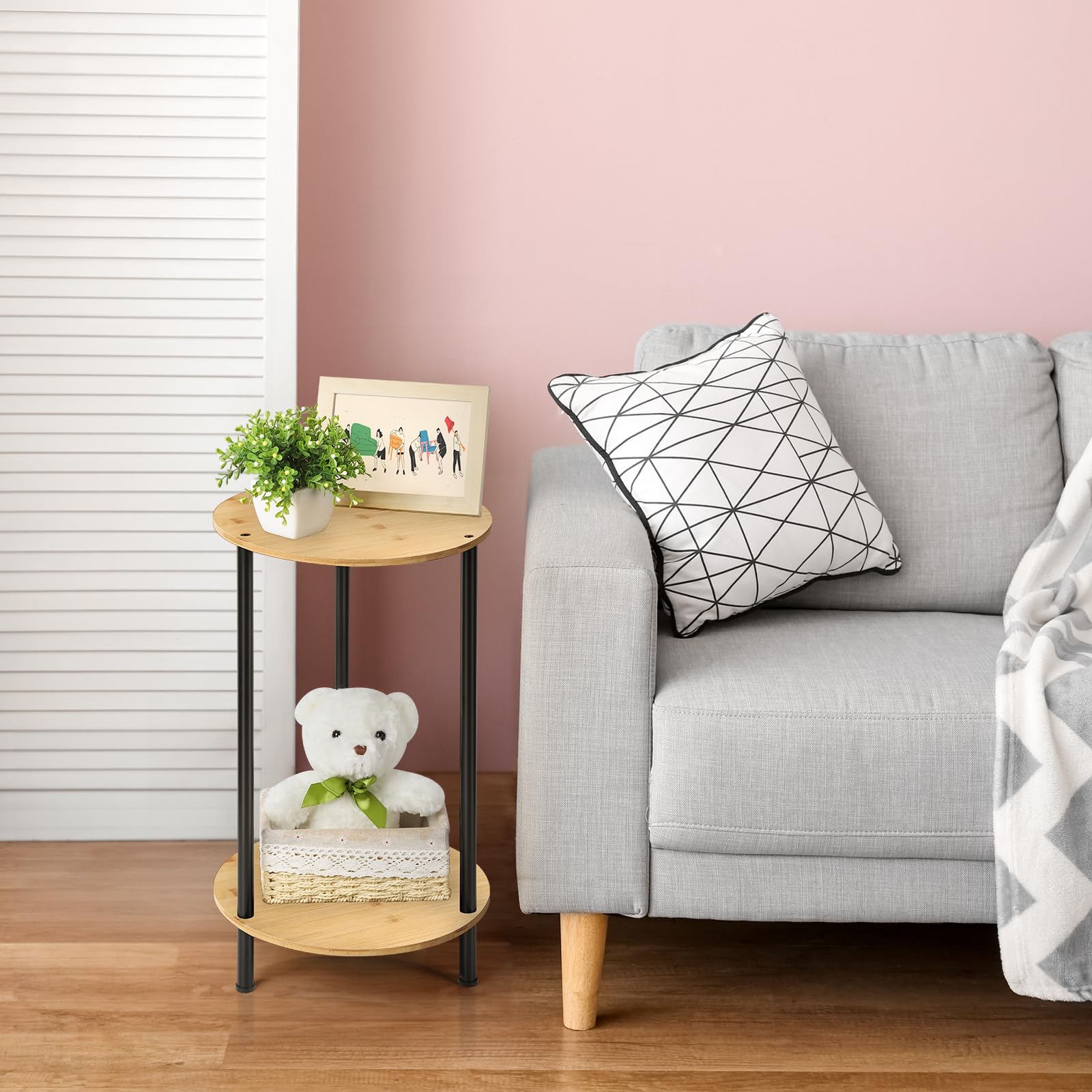 MOOACE End Tables Set of 2, Small Round Side Table, 2 Tier Nightstand Sofa Table Coffee Table with Storage Shelves for Living Room, Bedroom