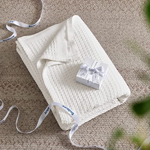 Bedsure 100% Cotton Throw Blankets for Couch - 405GSM Waffle Weave Blankets for All Seasons, Cozy and Soft Woven Blankets, Lightweight Fall Throw Blankets, White, 50x70 inches