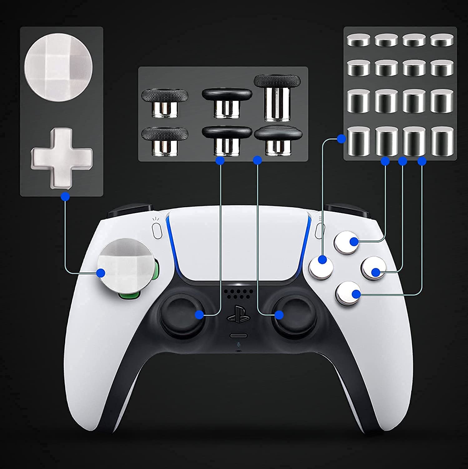 AQIDAP Replacment Parts Kits for PS5 Controllers,Magnetic Thumbsticks Buttons Dpads, Aluminium Thumbstick Joystick Adustable Height, Replacement Parts for Playstation 5, (31 in 1)