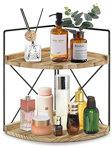 Corner Bathroom Organizer Countertop, 2 Tier Bathroom Trays Vanity Organizer for Counter, Rustic Corner Shelf for Home Small Space, Wood Cosmetic Holder Makeup Standing Rack, Kitchen Spice Rack