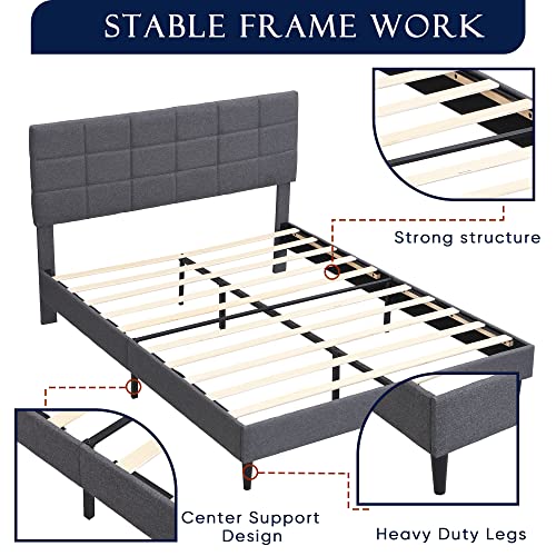 Queen Size Platform Bed Frame with Fabric Upholstered Headboard and Wooden Slats Support, Fully Upholstered Mattress Foundation/No Box Spring Needed/Easy Assembly (Grey, Queen)