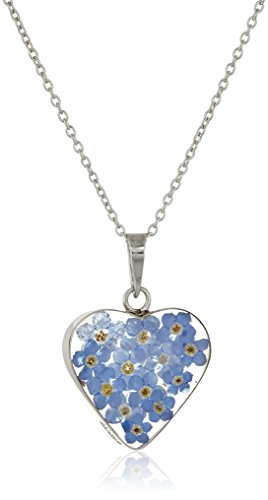 Amazon Essentials Sterling Silver Blue Pressed Flower Heart Pendant Necklace, 16' (previously Amazon Collection)