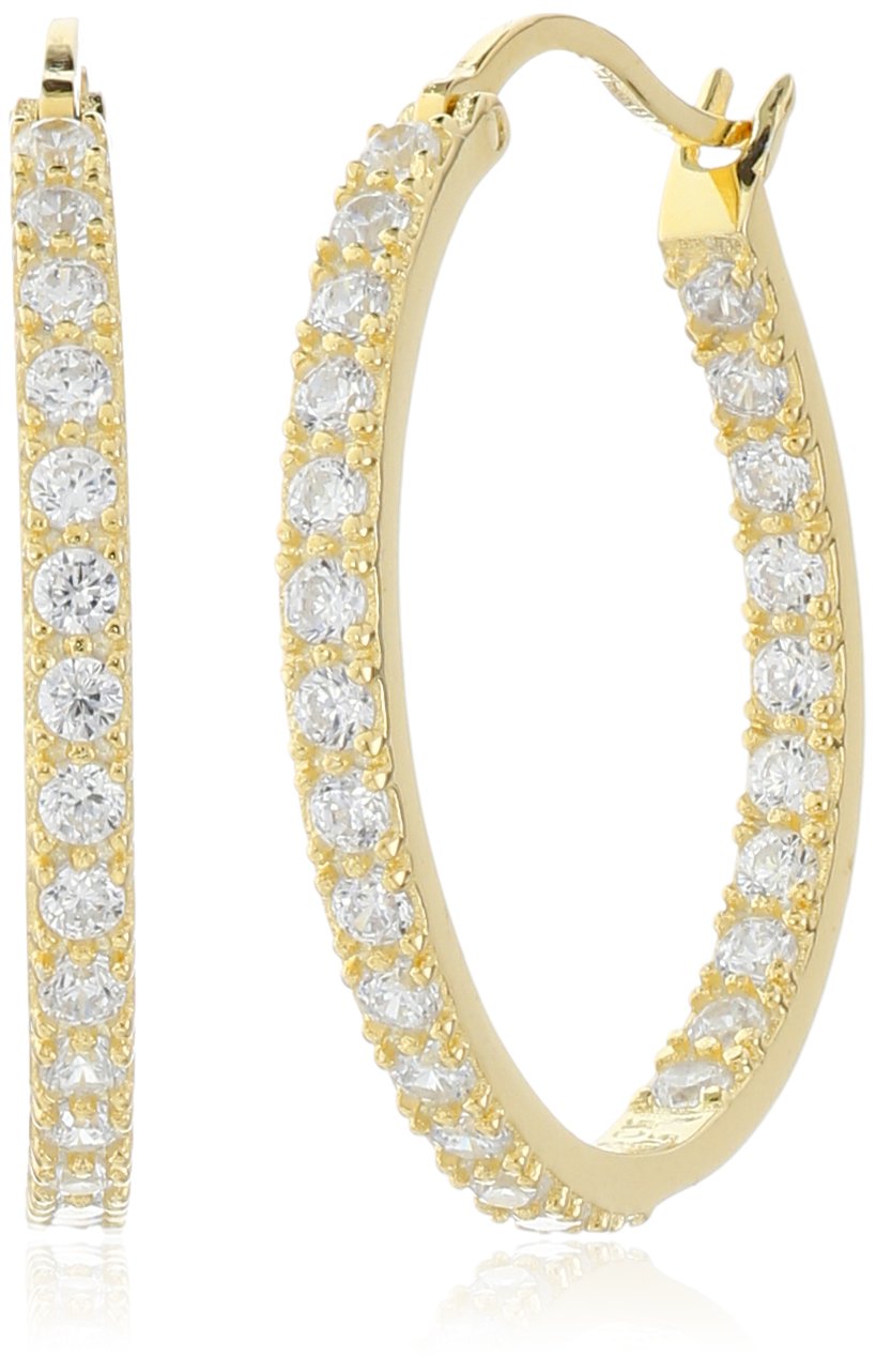Amazon Essentials 14k Gold Plated 925 Sterling Silver Round Prong-Set AAA Cubic Zirconia Hoop Earrings (.9" Diameter) (1 cttw), (previously Amazon Collection)