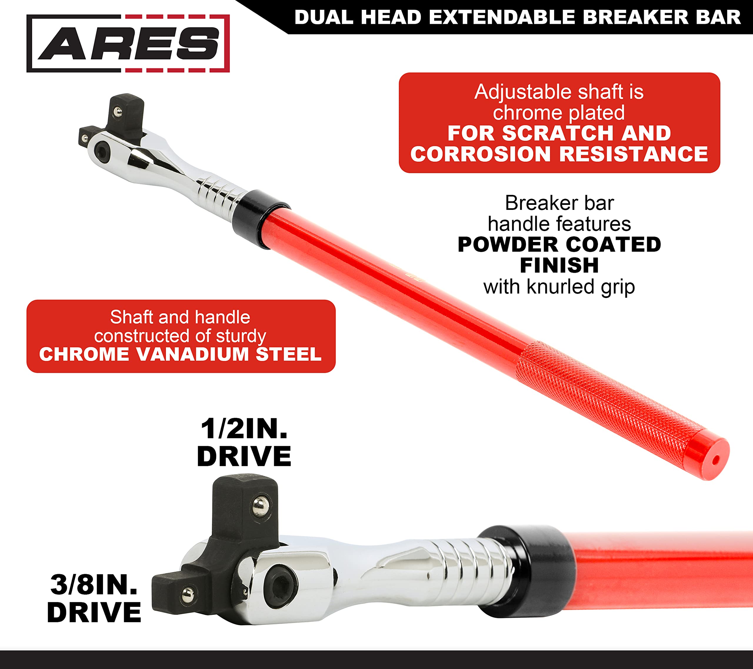 ARES 40007 – 3/8-Inch Drive & 1/2-Inch Drive Dual Head Extendable Red Breaker Bar – 16-Inch to 24-Inch Extendable Length – Easy Use Twist Lock Adjustable Design