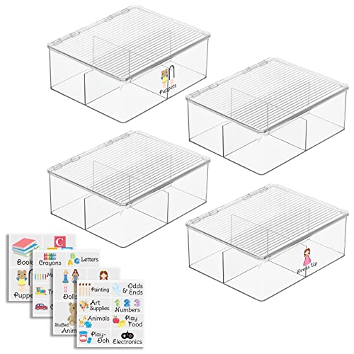 mDesign Plastic Stackable Toy Storage Bin with Hinged Lid, 4 Divided Compartments for Organizing Playroom, Kids' Room - Container for Small Toys, Craft and School Supplies + 24 Labels - 4 Pack - Clear