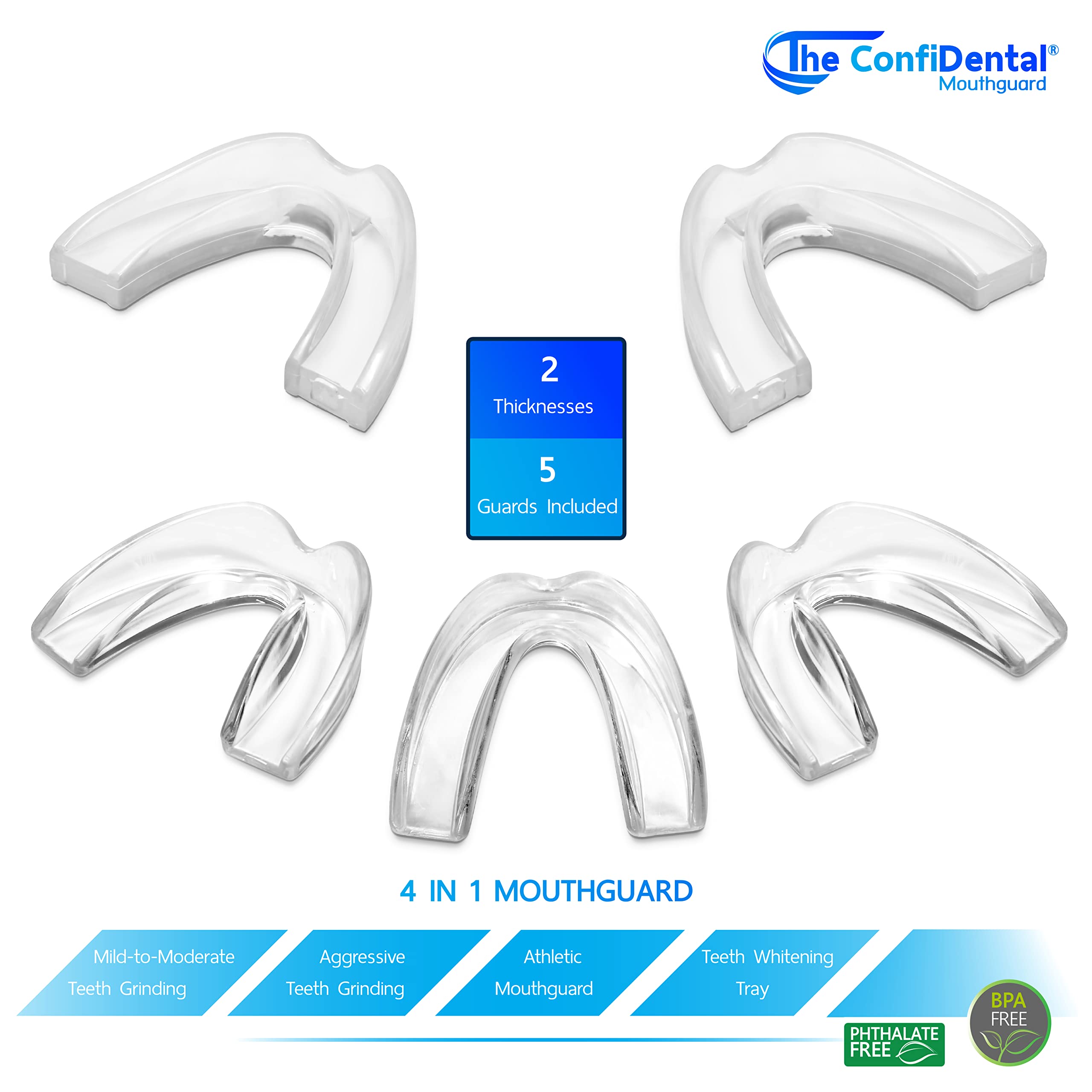The ConfiDental - Pack of 5 Moldable Mouth Guard for Teeth Grinding Clenching Bruxism, Sport Athletic, Whitening Tray, Including 3 Regular and 2 Heavy Duty Guard (3 (lll) Regular 2 (II) Heavy Duty)