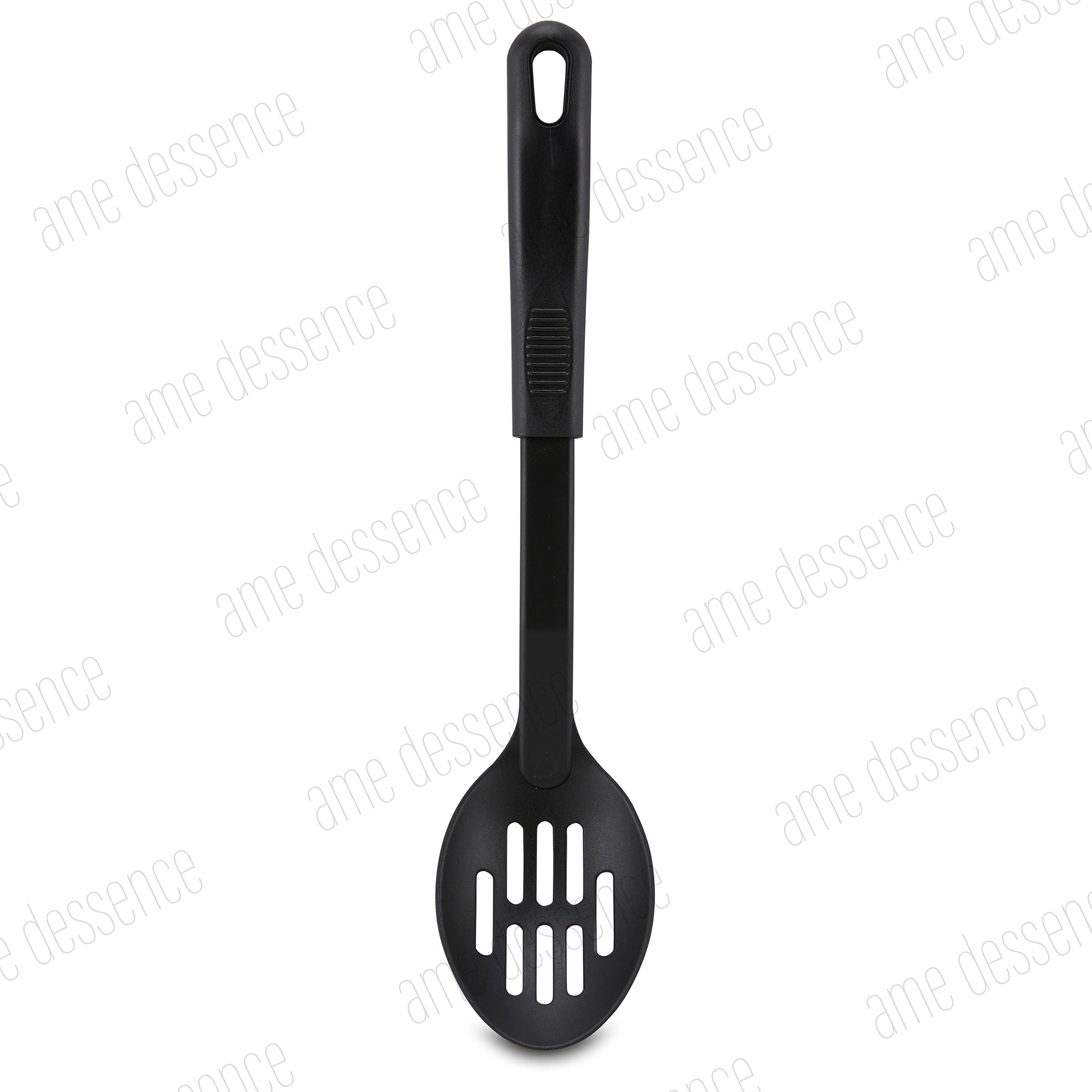 AME D'ESSENCE Slotted Cooking Spoon 11 1/2 inch Black Nylon 410ºF Heat Resistant Serving Spoon with Ergonomic Handle Kitchen Gadgets for Straining