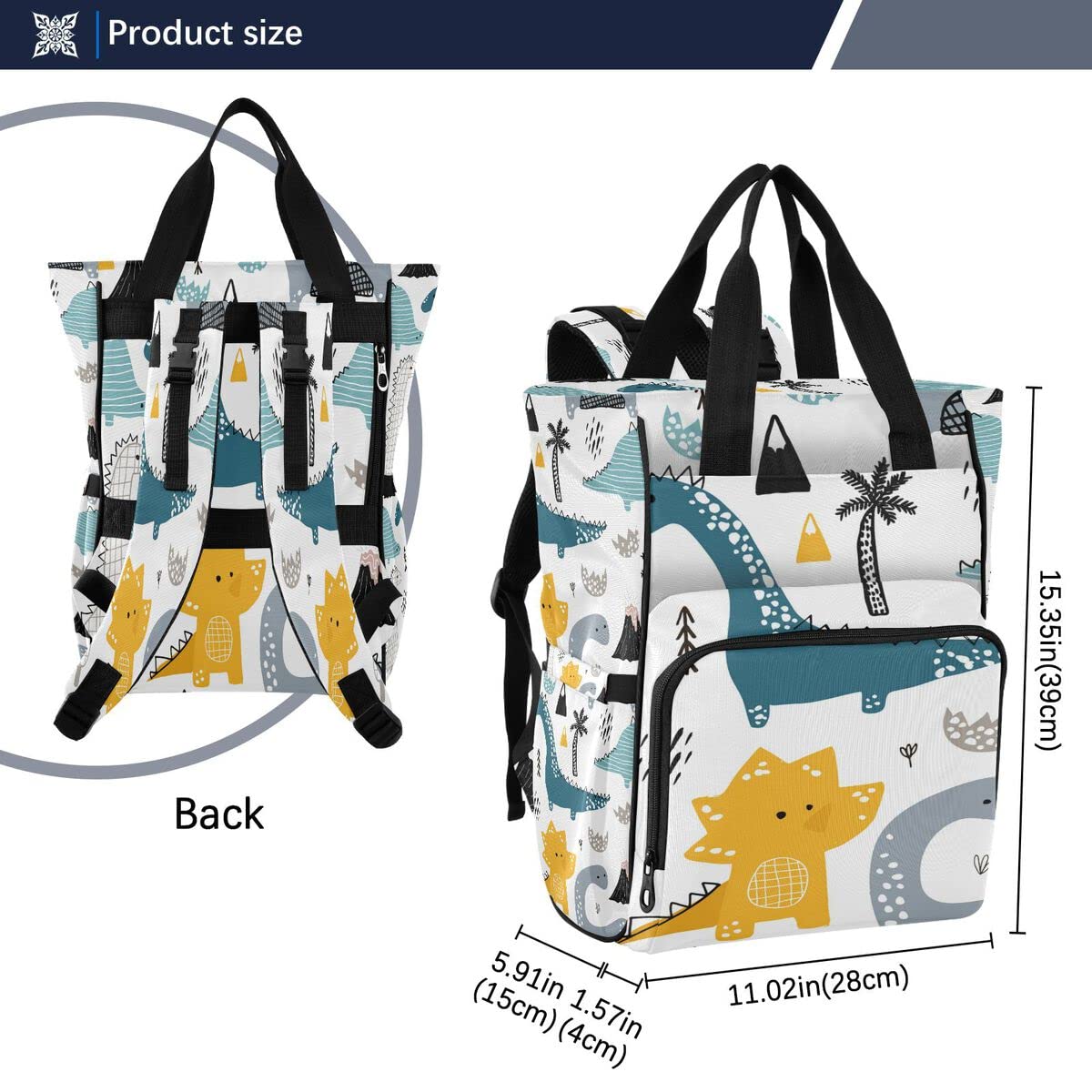 ALAZA Cute Dinosaur Palm Tree Diaper Bag Backpack Multifunction Travel Back Pack Large Capacity Bag