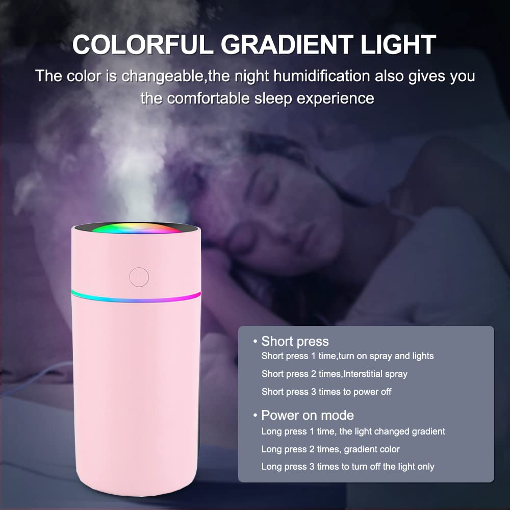 SPOLI Mini Humidifier for Bedroom,USB Portable Humidifier,320ml Water Tank,Suitable for Cars,Offices,Bedrooms, etc, 2 Mist Modes,Automatic Shut-Off,Nano Mist,Super Quiet. (Pink)