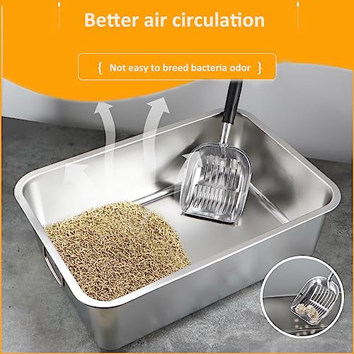 Open Top Cat Litter Box, Double-Sided electrolytic Stainless Steel Large Litter Box with Frame, High Sided and Upgrade Handle for Training Cats to Clean Pet Accessories (L-Ⅱ)