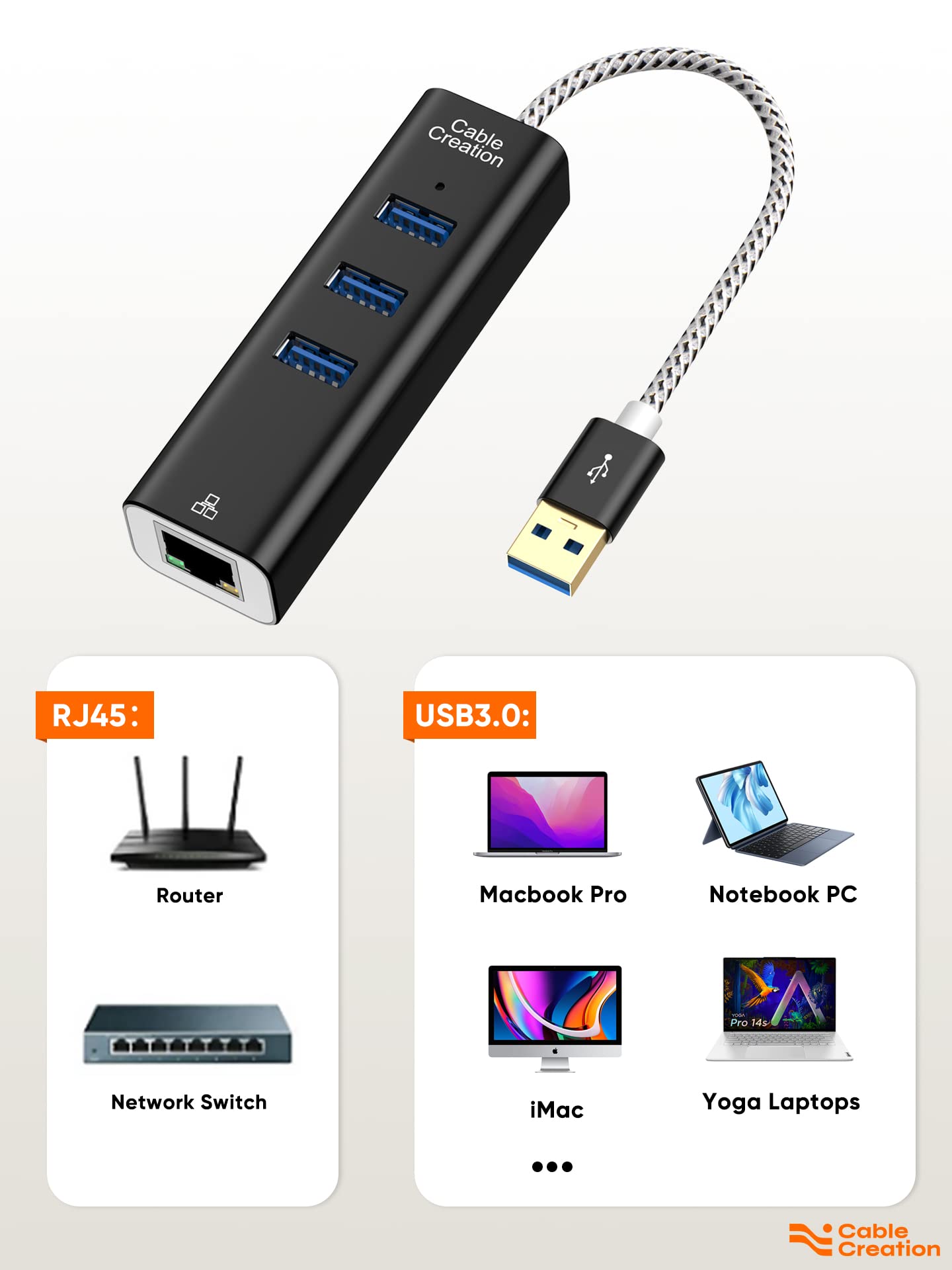 USB to Ethernet Adapter, CableCreation 3-Port USB 3.0 Hub, USB 3.0 Ethernet Adapter RJ45 10/100/1000 Mbps Gigabit Compatible with Windows PC, Laptop, MacBook Pro, USB Flash Drives etc, Aluminum Black