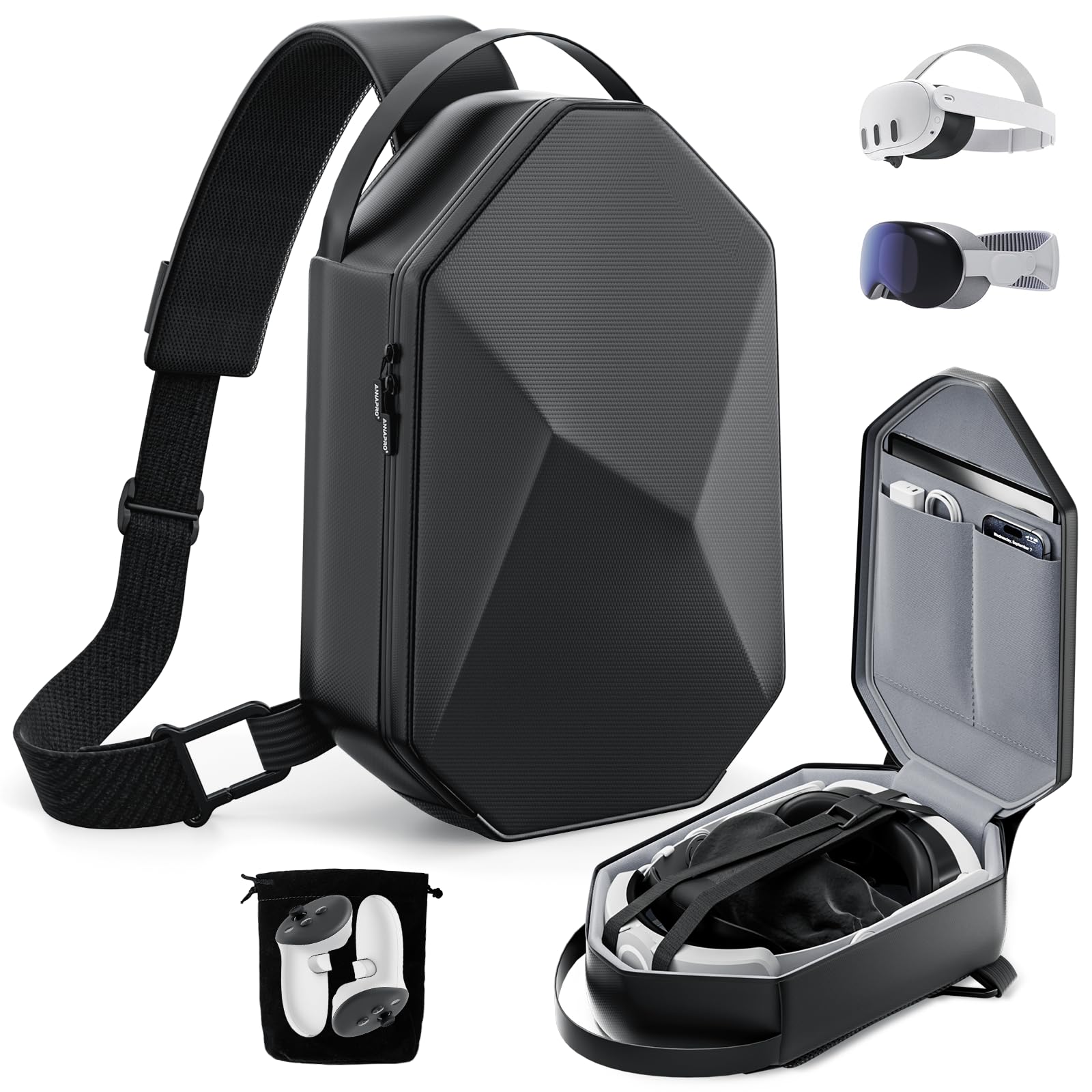 annapro Carrying Case for Meta Quest 3/Quest 2/Vision Pro/Pico 4, Hard Travel Case Compatible with Kiwi Design/BOBOVR Elite Battery Strap and Controllers Accessories, Crossbody Shoulder Backpack