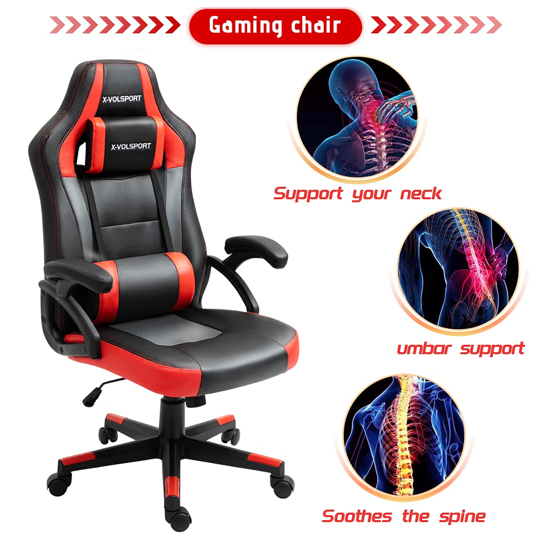 High Back Wide Seat Ergonomic PC Computer Gaming Chair, Leather Swivel Silla Gamer Home Office Desk Chair with Headrest and Lumbar Support for Adult (Red+Black)