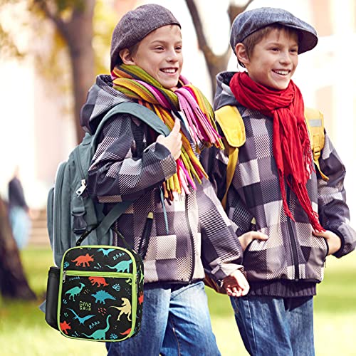 Bagseri Kids Lunch Box, Insulated Lunch Box Bag for Boys, Portable Reusable Toddler Lunch Cooler Bag for School, Water-resistant Lining(Black & Dinosaur)