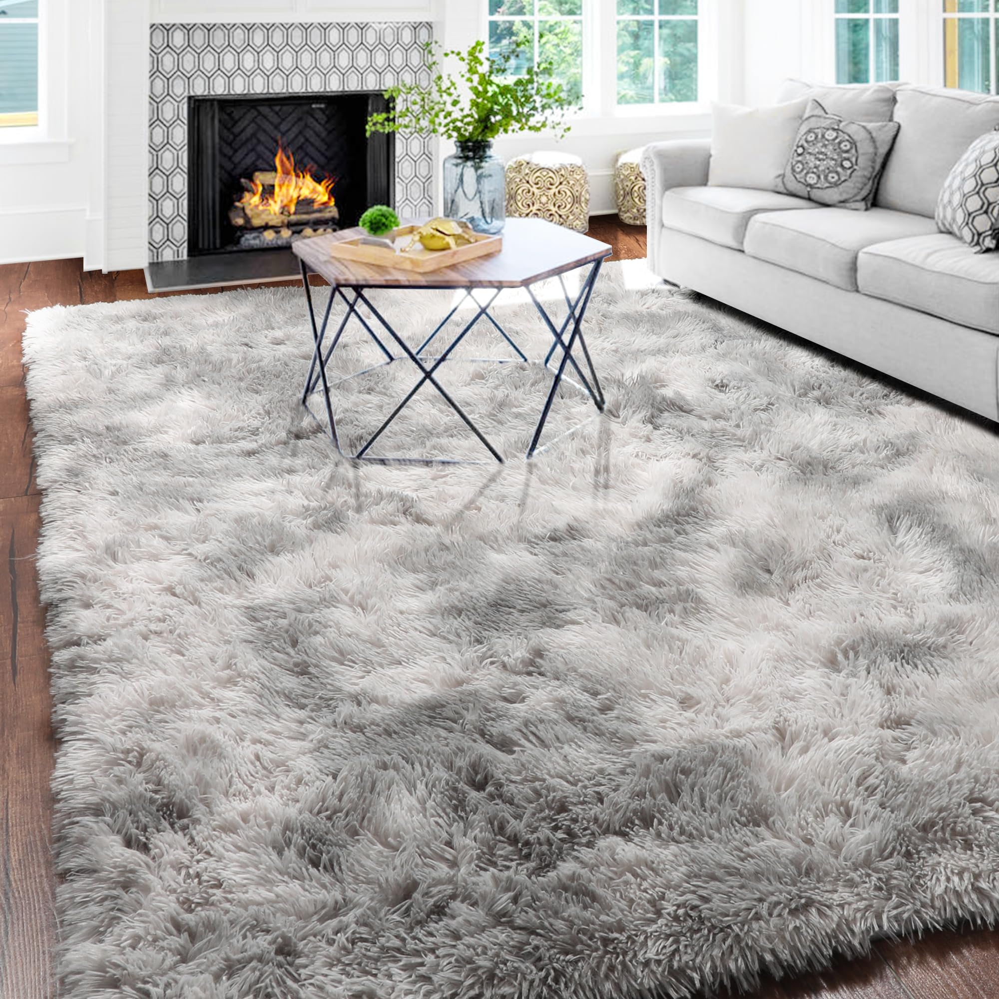 Amdrebio Tie-dyed Light Grey Area Rug for Bedroom, Soft Shag Furry Rug 5x7 for Living Room, Fluffy Fuzzy Rugs for Kids Room Decor, Modern Shaggy Carpet for Classroom Office, Plush Indoor Rug