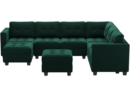 Belffin U Shaped Modular Sectional Sofa with Chaise Reversible, Oversized Sectional Sleeper Couch with Ottomans, Velvet Fabric Couch with Storage Seats, Green