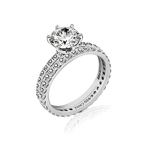 Amazon Essentials Platinum-Plated Sterling Silver Round Ring Set made with Infinite Elements Cubic Zirconia (1 Carat Center Stone), Size 8 (previously Amazon Collection)
