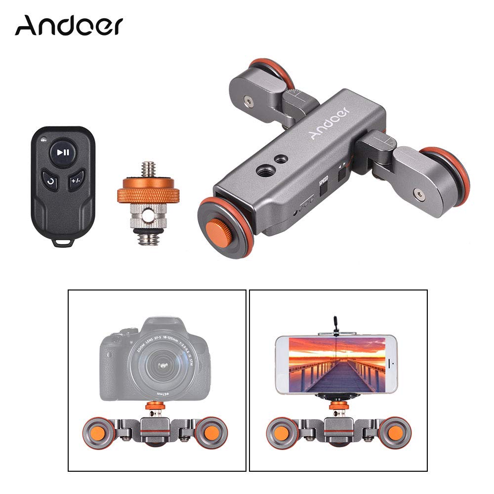 Andoer Track Dolly L4 PRO 3-Wheels Wireless Camera Video Auto Dolly Motorized Electric Track Rail Slider Dolly Car with Wireless Remote Control 3 Speed for DSLR Camera iOS Android Smartphone Gopro