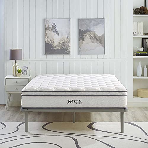 Modway Jenna 10β Queen Innerspring Mattress Quality Quilted Pillow Top-Individually Encased Pocket Coils-10-Year Warranty, White