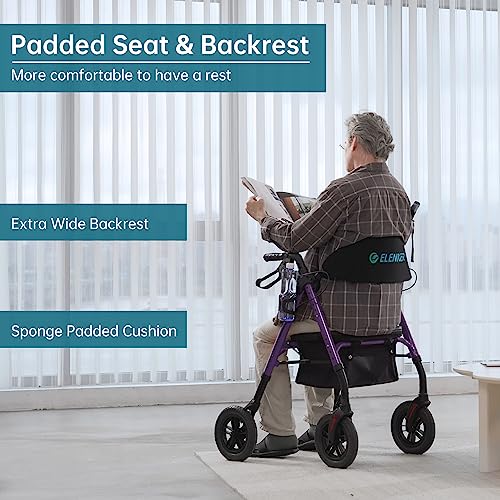 ELENKER All-Terrain Rollator Walker with 10” Non-Pneumatic Wheels, Sponge Padded Seat and Backrest, Fully Adjustment Frame for Seniors, Purple