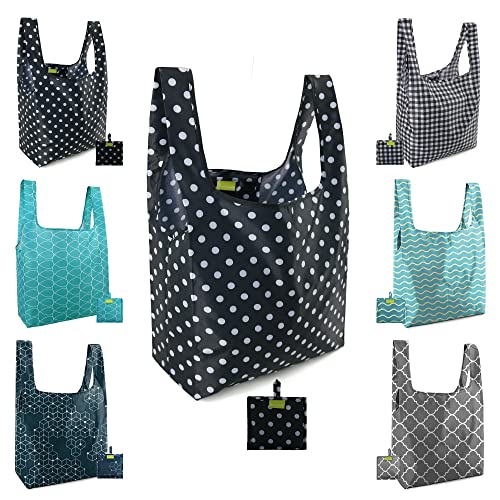 BeeGreen 6 Packs Geometry Check Reusable Grocery Bags Reusable Shopping Bags For Groceries Foldable Washable Polyester X-Large Grocery Tote Bags For Women Men Christmas