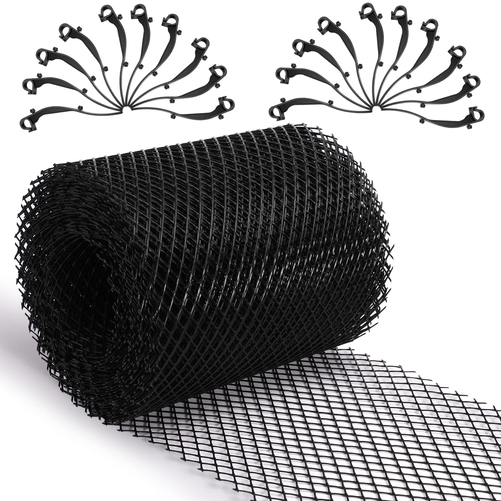 Aoibrloy Plastic Gutter Guard with 20 Clip Hooks, Black Leaf Gutter Guard Mesh for Blocking Leaves, Twigs, 7inch x 50Ft