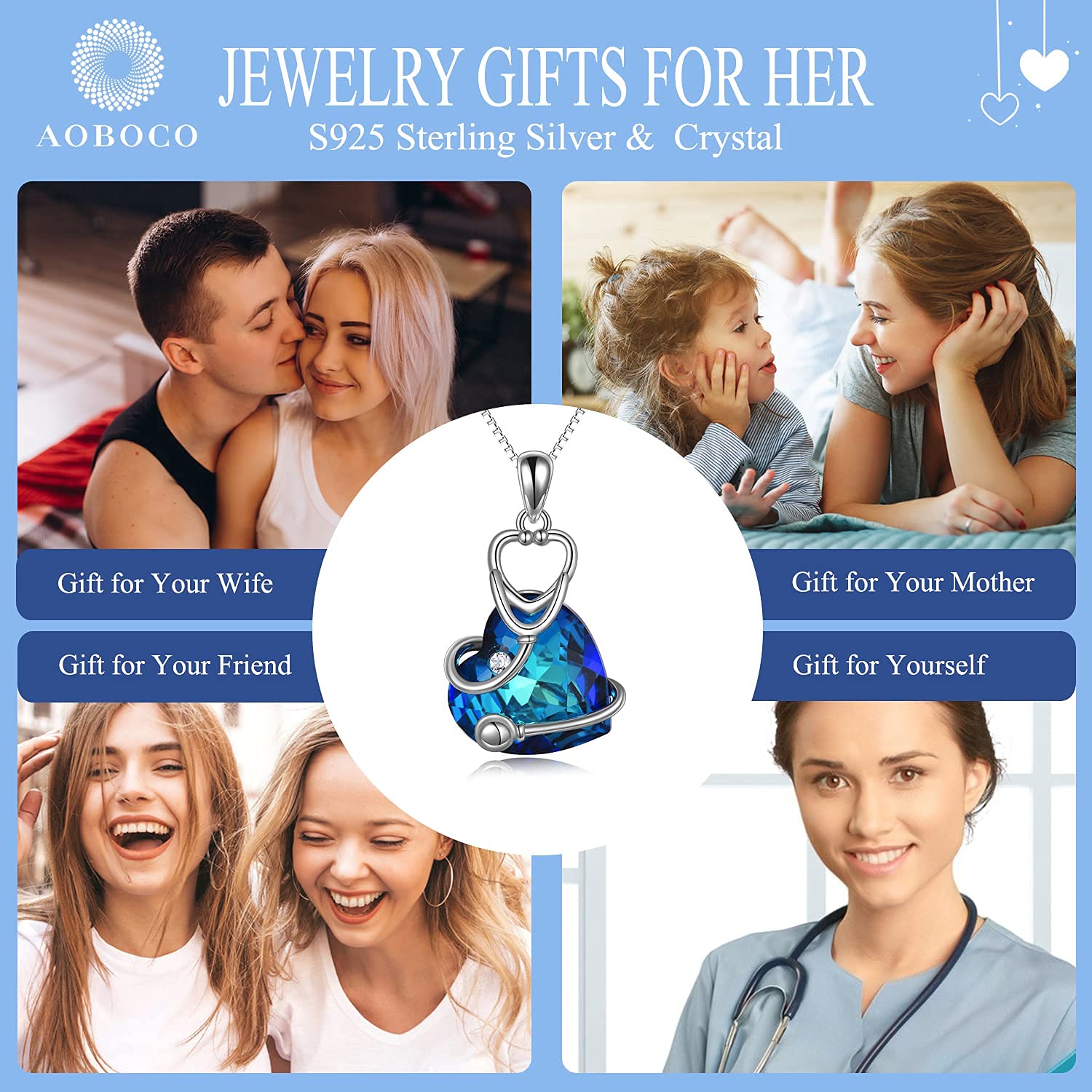 AOBOCO Nurse Jewelry Gifts for Women Sterling Silver Stethoscope Necklace with Blue Heart Crystal