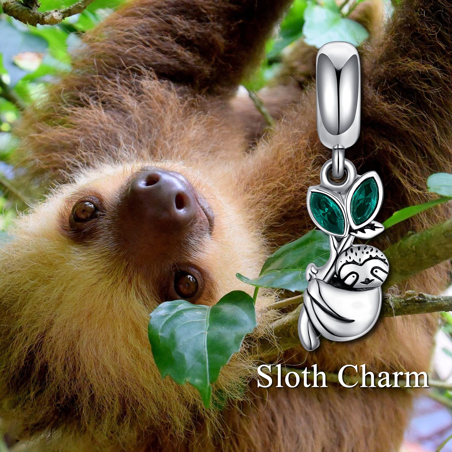 AOBOCO Sloth Charms 925 Sterling Silver Cute Animal Beads Dangle Charms fit European Bracelets Necklace, Embellished with Crystals from Austria